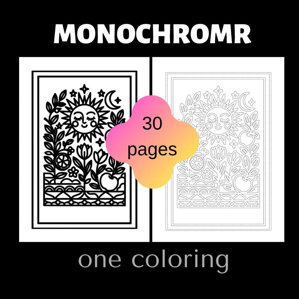 Monochrome Coloring Pages | 30 Black Line Art Illustrations (8.5x11 PDF ...