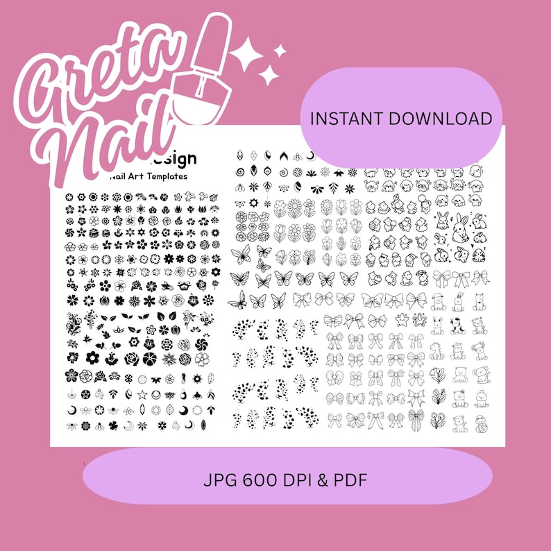 Kawaii Nail Art Templates, Printable Bundle, Flowers, Bows, Butterflies ...