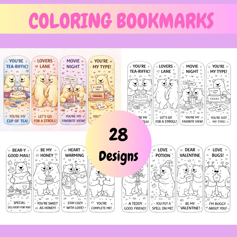 Valentine Teddy Bear Coloring Bookmarks | Cute Love Animal Printable ...