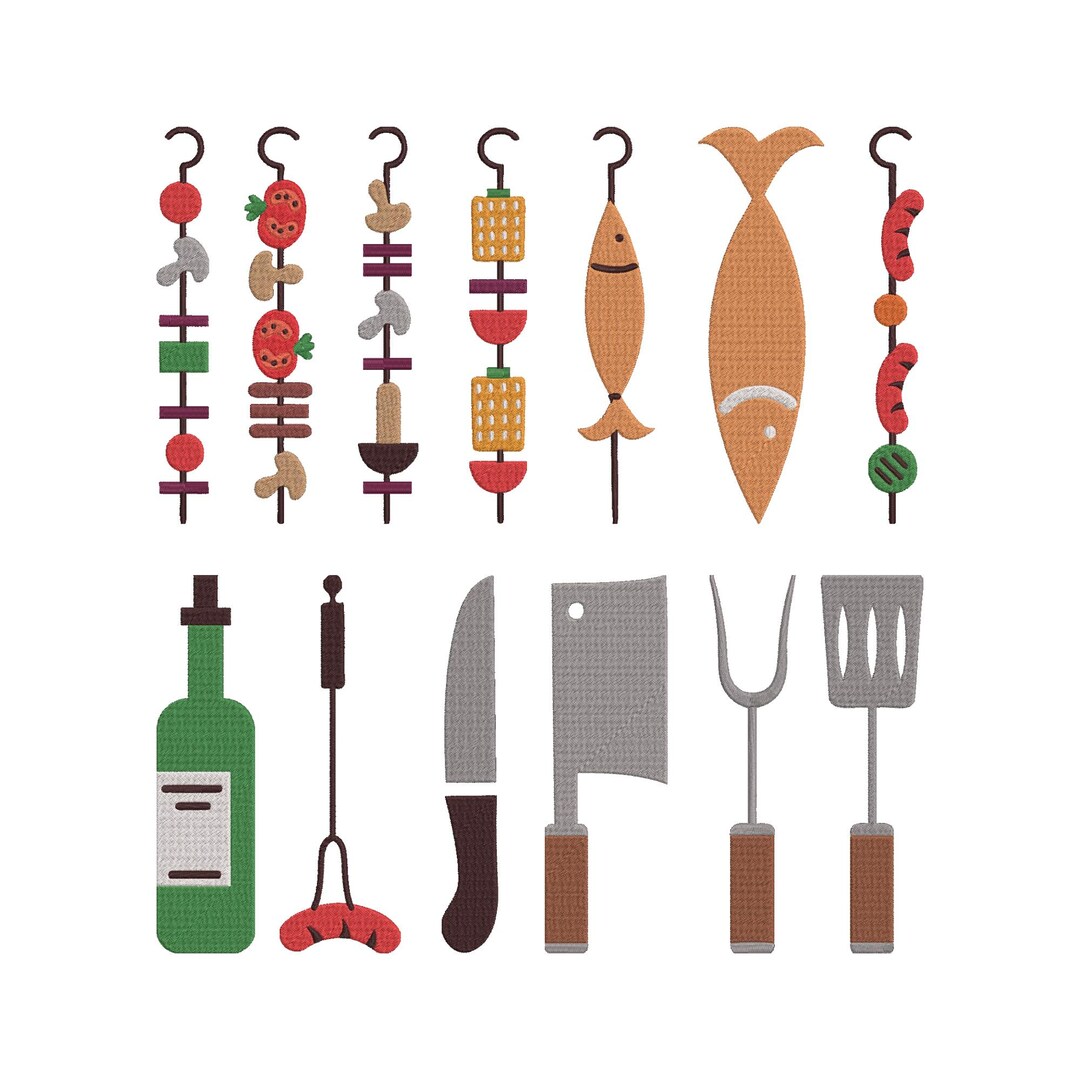 BBQ Element Embroidery Design, BBQ Machine Embroidery File, 12 Design ...