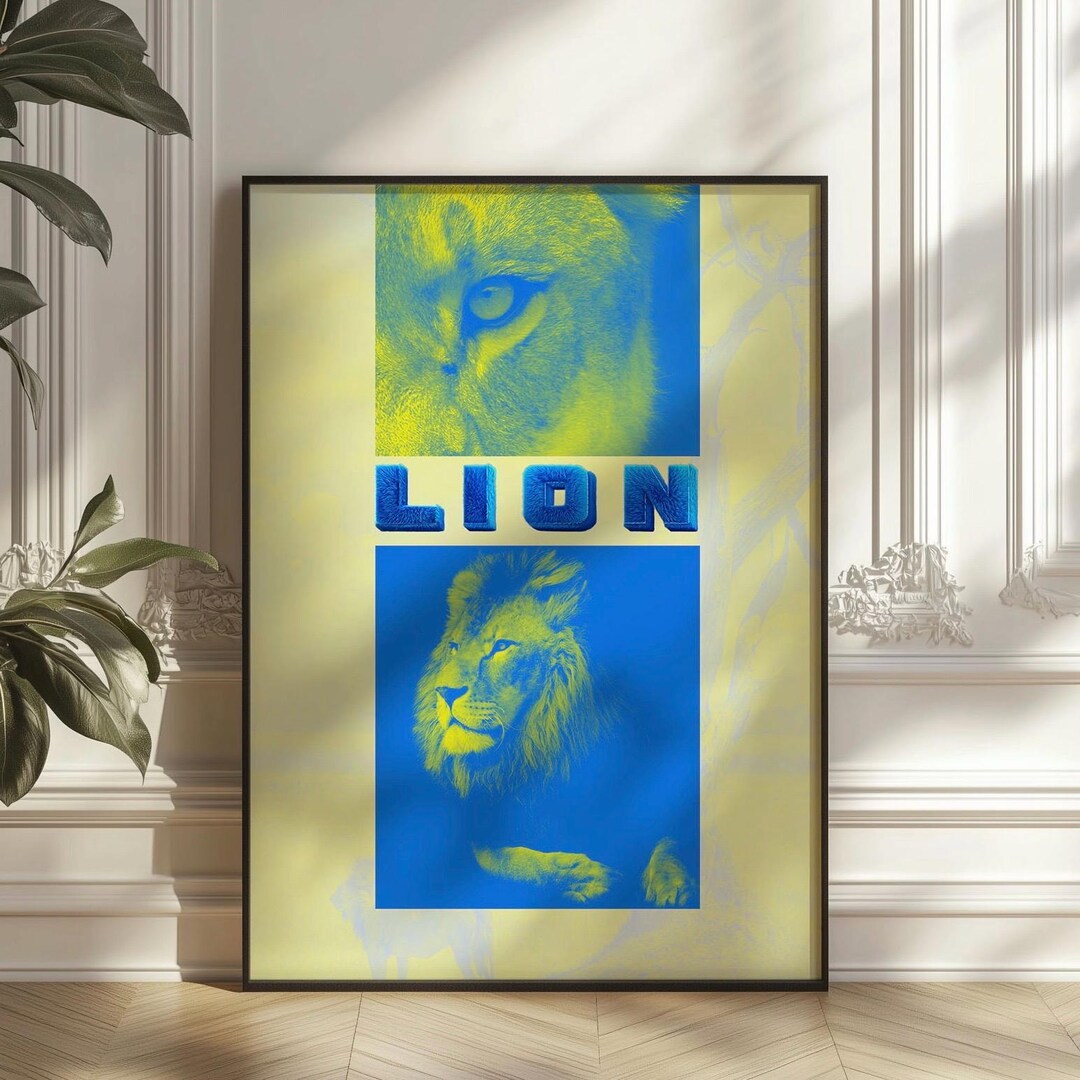 Lion Wall Art Print, Bold Animal Portrait, Blue and Yellow Modern Decor ...