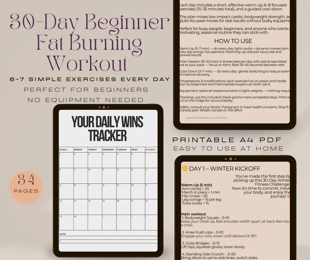 30 Day Winter Fitness Challenge, Home Workout Plan (PDF) - Etsy