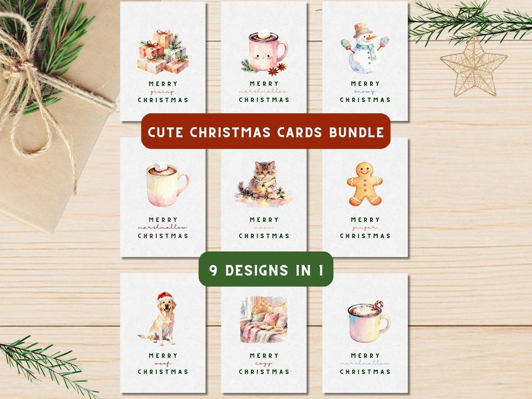 Cozy Christmas Cards Set Printable | 9-pack Holiday Card Bundle | Cute ...