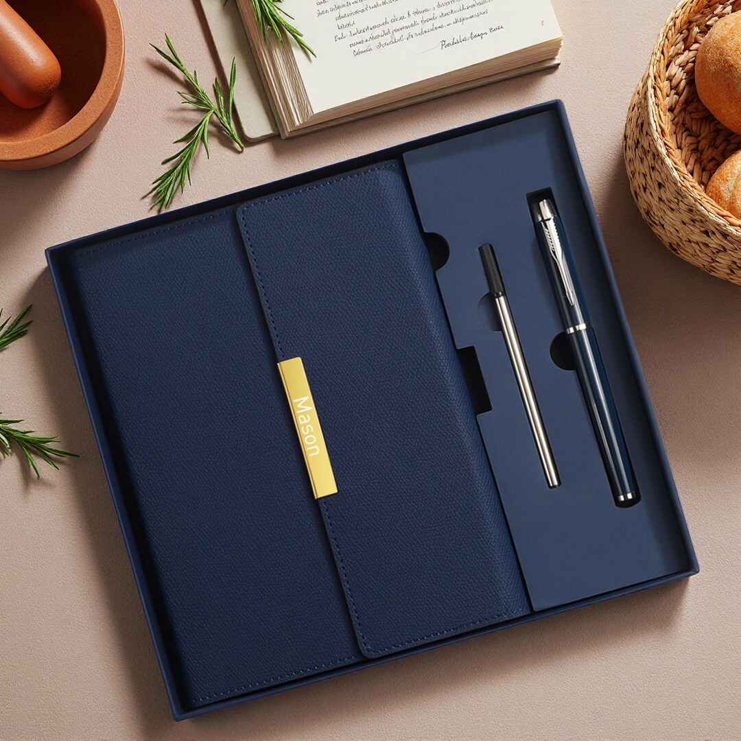 Leather Notebook Gift Set, Custom Engraved Journal, Personalized ...