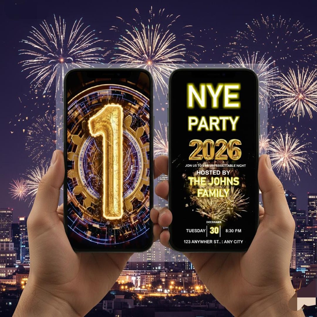 Editable NYE Party Invitation 2026, Gold Balloon New Year's Eve Invite ...