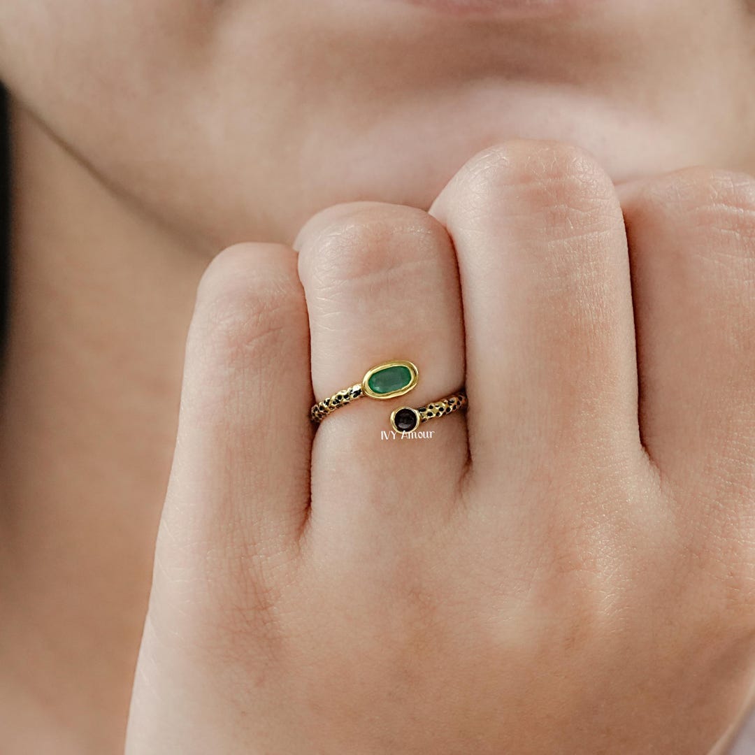 Green Agate & Ruby Gemstone Bypass Ring | Bezel Set Open Cuff Gemstone ...