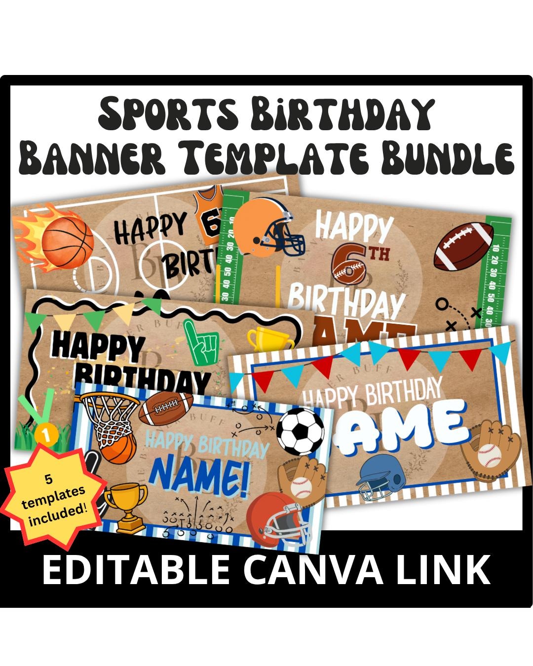 Sports Birthday Editable Banner Template, Printable Sign, Canva Link - Etsy