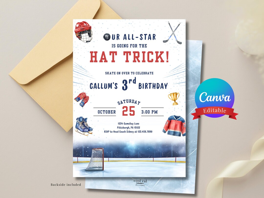 Hockey Birthday Invitation | Hat Trick Party, Editable Canva Template ...