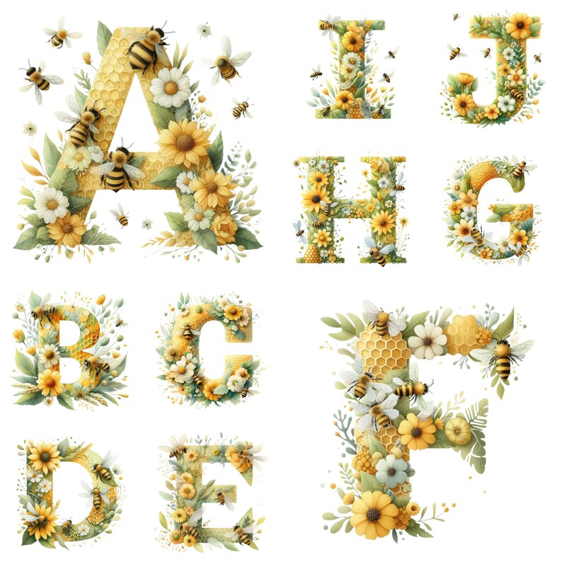 Floral Alphabet Clipart PNG, Bee Alphabet Letters Watercolor, ABC ...