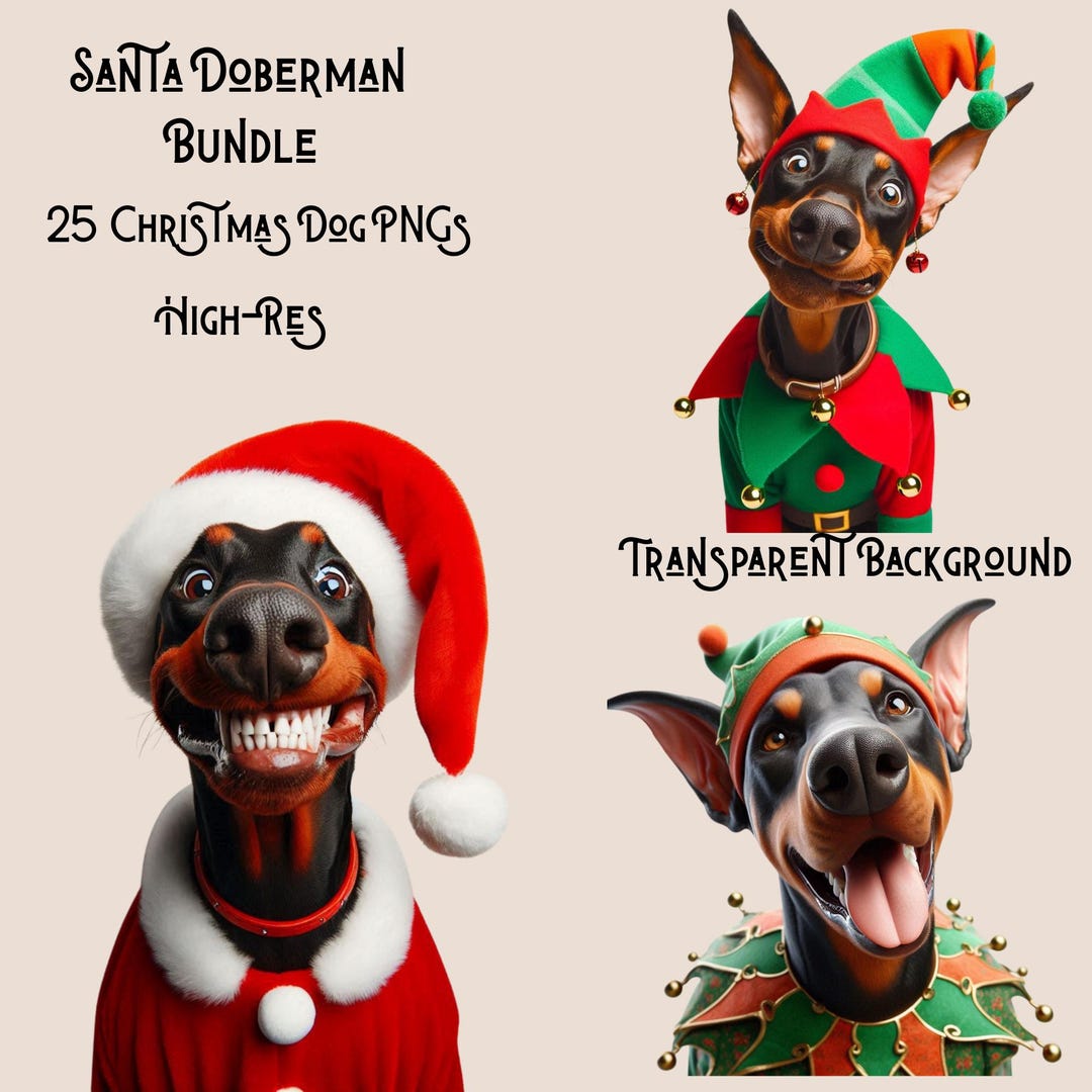 Christmas Doberman PNG Bundle, Santa Elf Reindeer Dog Clipart, Cute ...