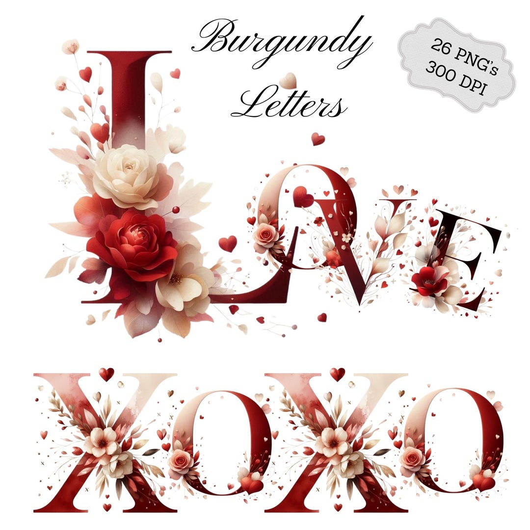 Burgundy Floral Alphabet Letters PNG, Valentine's Day, Elegant Monogram ...