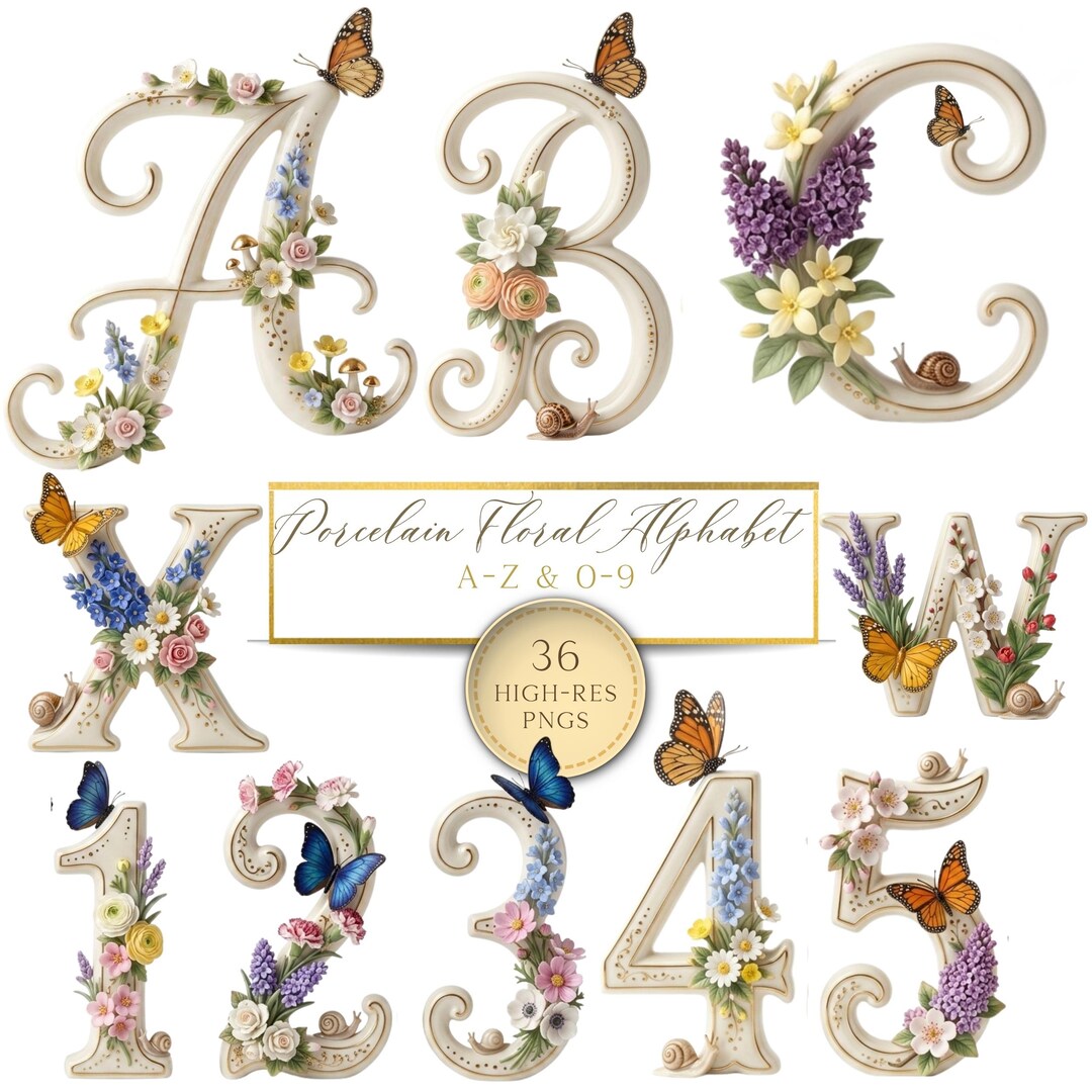 Coquette Alphabet PNG Bundle, Floral Porcelain Letters A-Z 0-9, Elegant ...