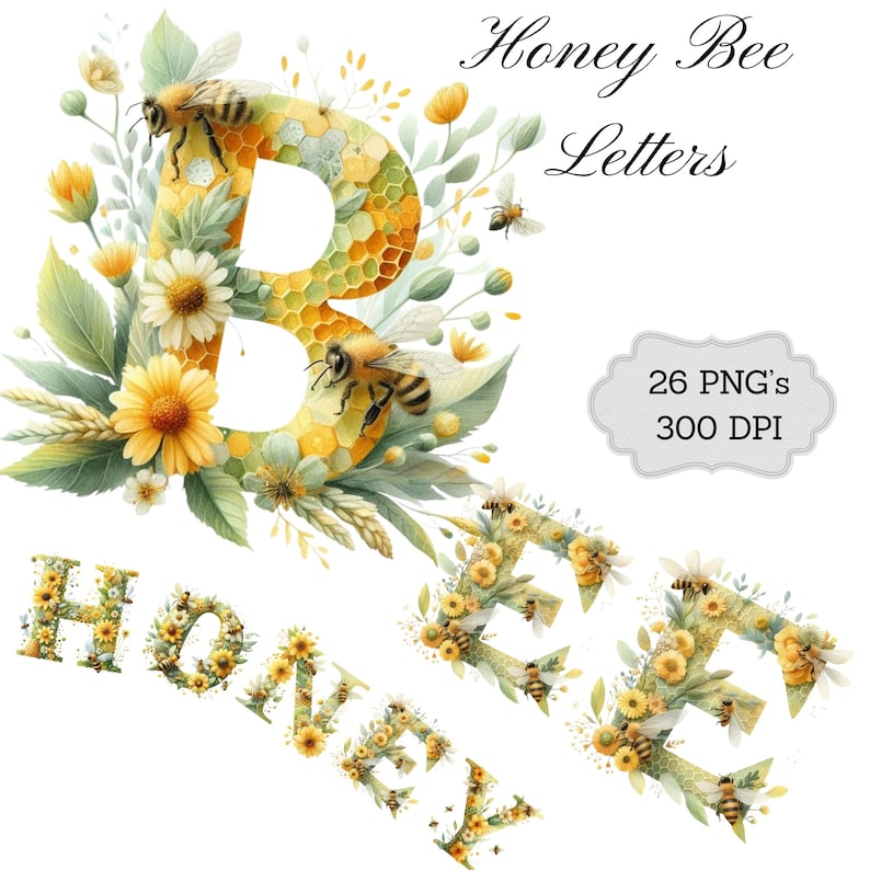 Floral Alphabet Clipart PNG, Bee Alphabet Letters Watercolor, ABC ...