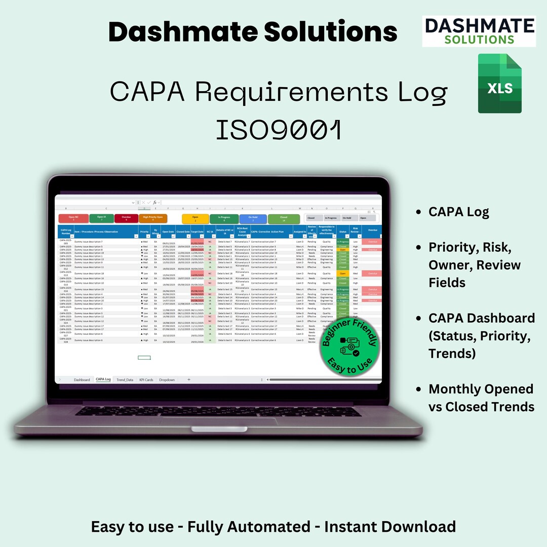 CAPA Log & Dashboard Excel Template - ISO9001 Compliant (digital ...