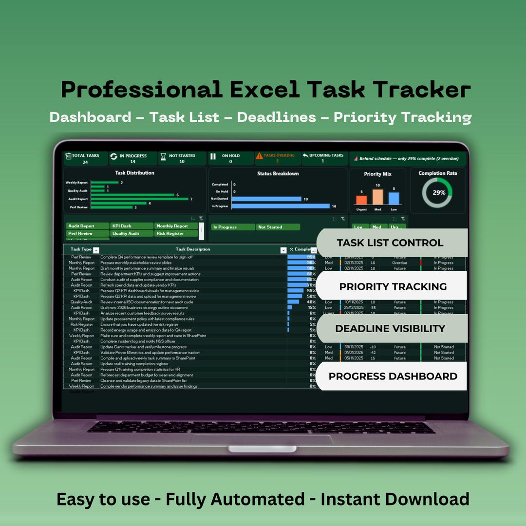 Excel Task Tracker | Dashboard + Deadlines + Priority System ...
