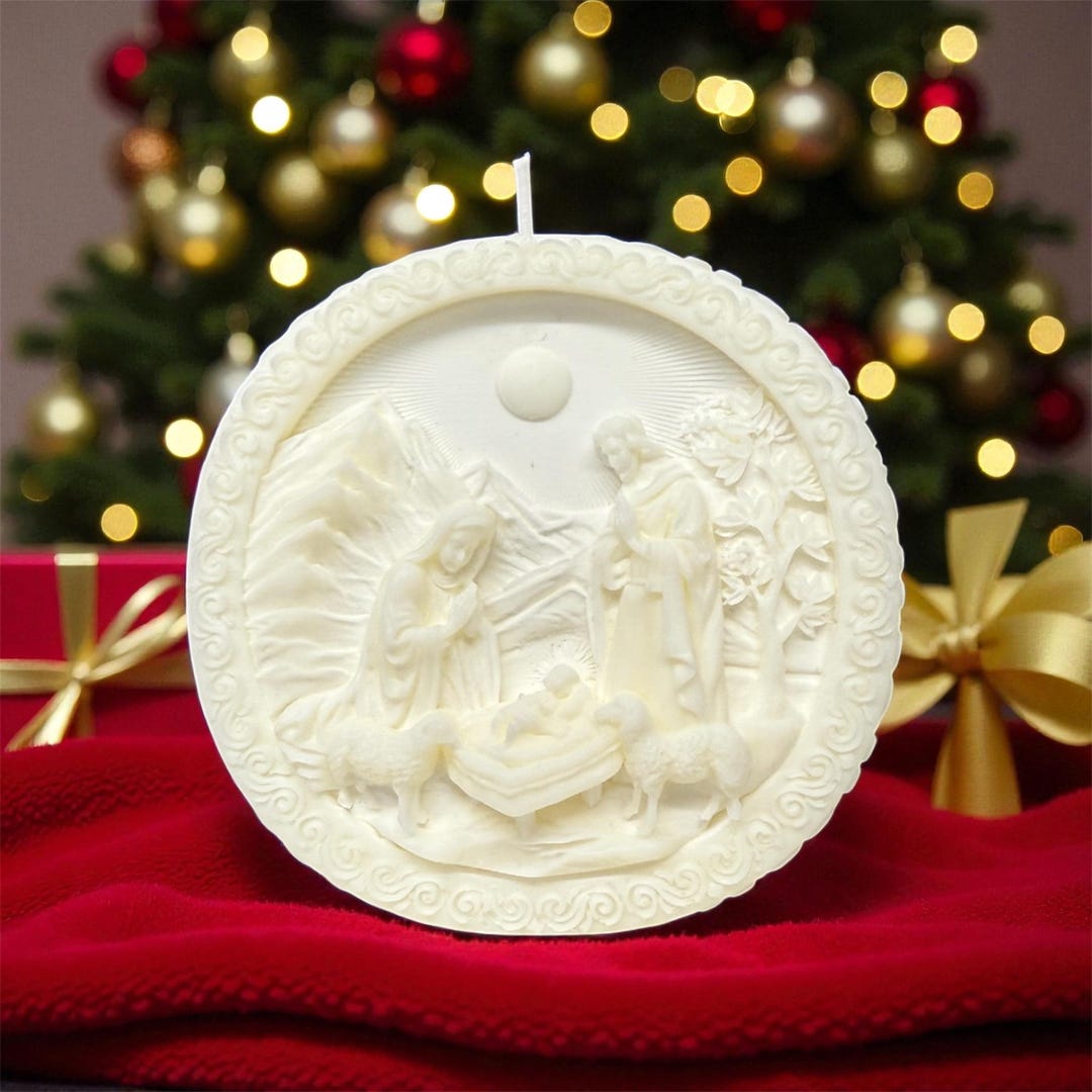 Nativity Scene Candle – Christmas Decor, Holy Family Relief Carved ...