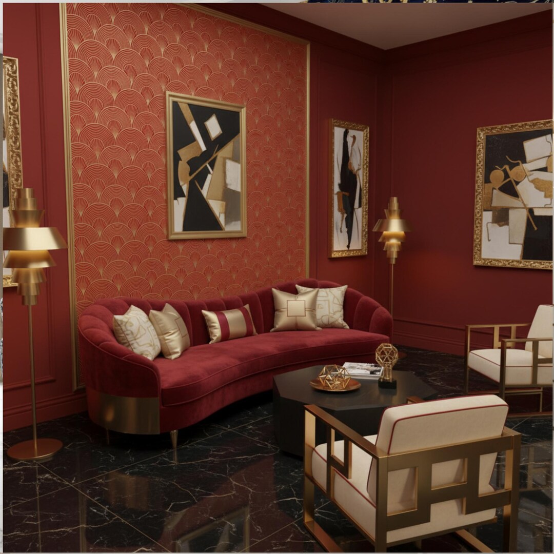 Red & Gold Art Deco Pattern Wallpaper | Geometric,peel and Stick - Etsy