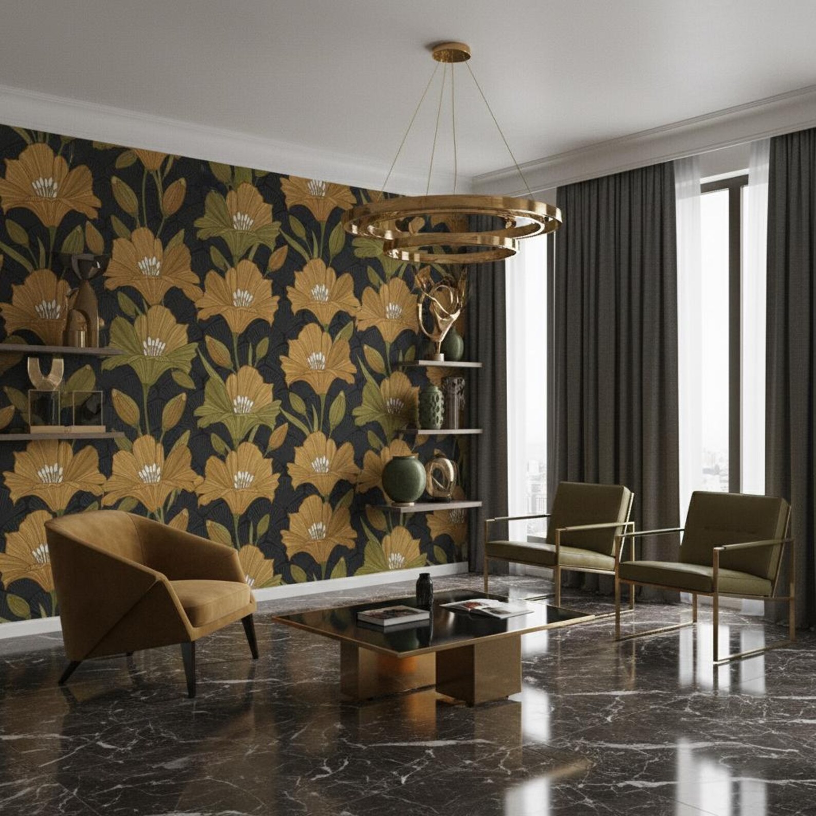 Art Deco Floral Wallpaper | Gold Botanical Pattern on Dark Background ...