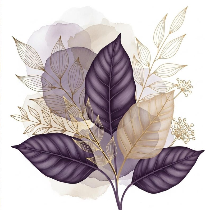 Purple Botanical Wall Art With Gold Leaves, Elegant Floral Illustration ...