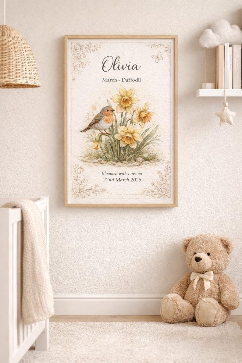 Personalized March Birth Flower Print Daffodil Baby Name Nursery Wall ...