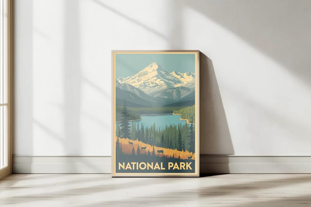 National Park Poster - Vintage Landscape With Mountains & Lake - Retro ...