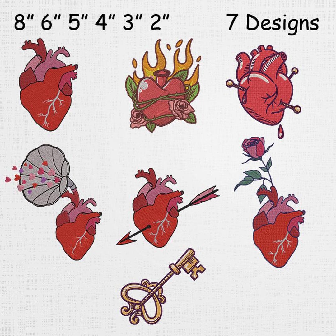 Anatomical Heart Embroidery Designs Set - Floral Heart Pattern - Fire ...
