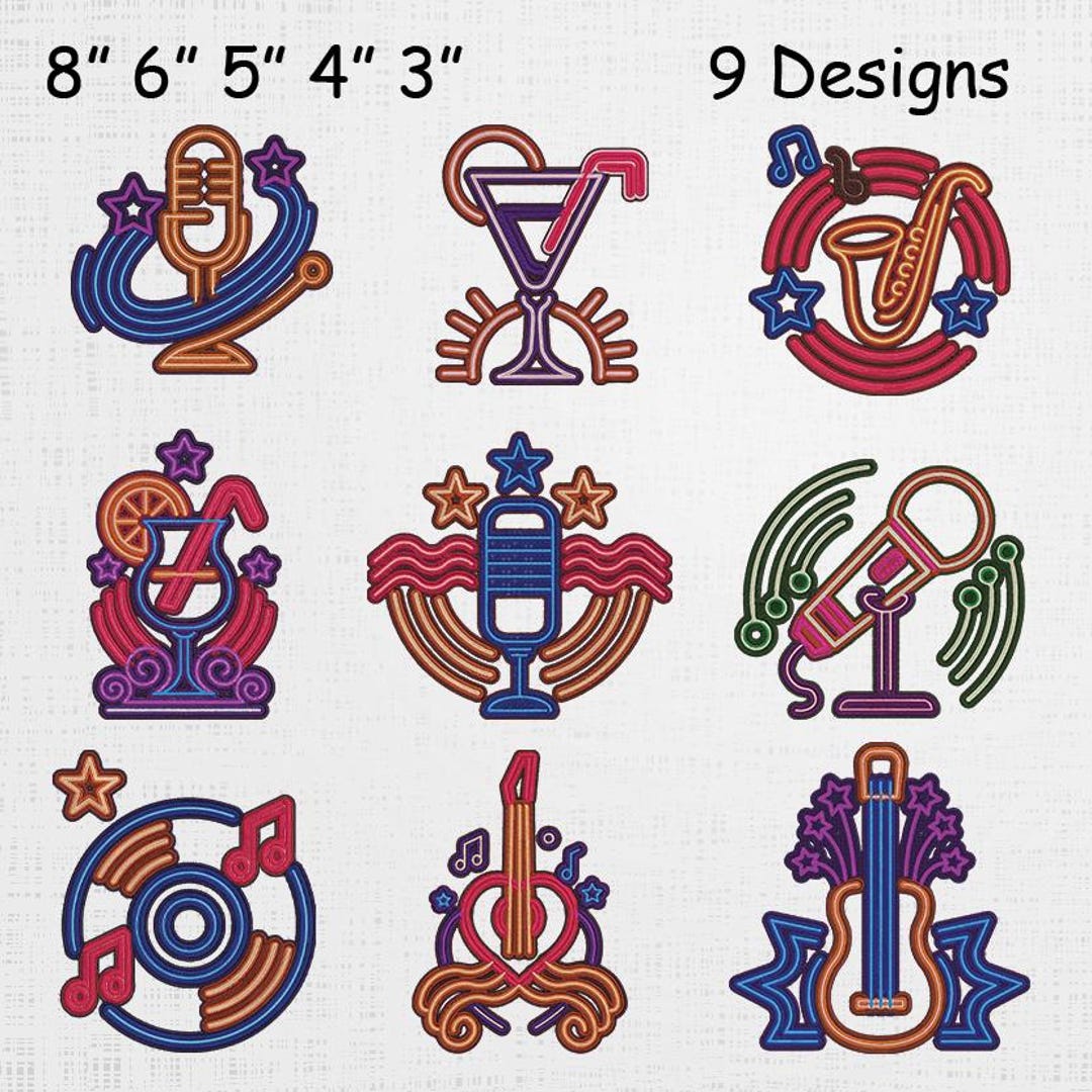 Neon Singing Elements Embroidery Set - Neon Guitar Machine File - Music ...