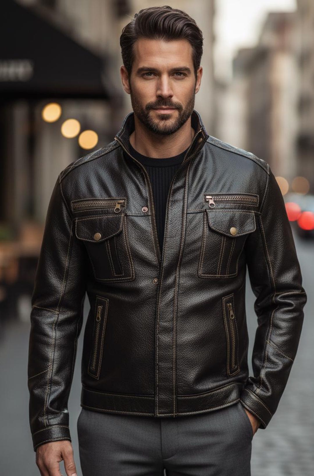 Men's Black Leather Bomber Jacket - Ribbed Collar & Cuff Detail - Etsy