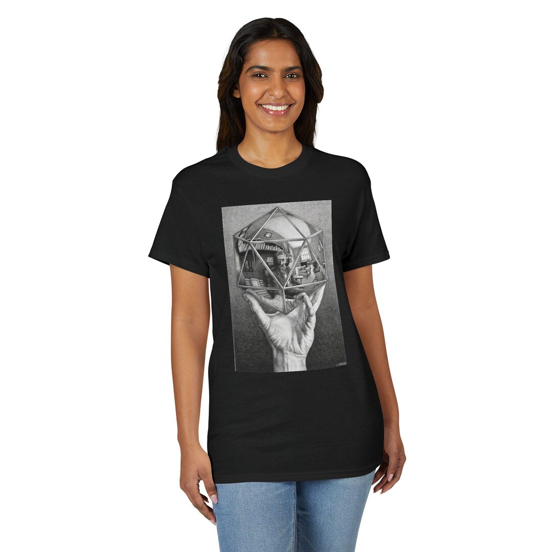 Escher D20 Reflective Sphere T-shirt | Surreal Dice Art Tee for RPG ...