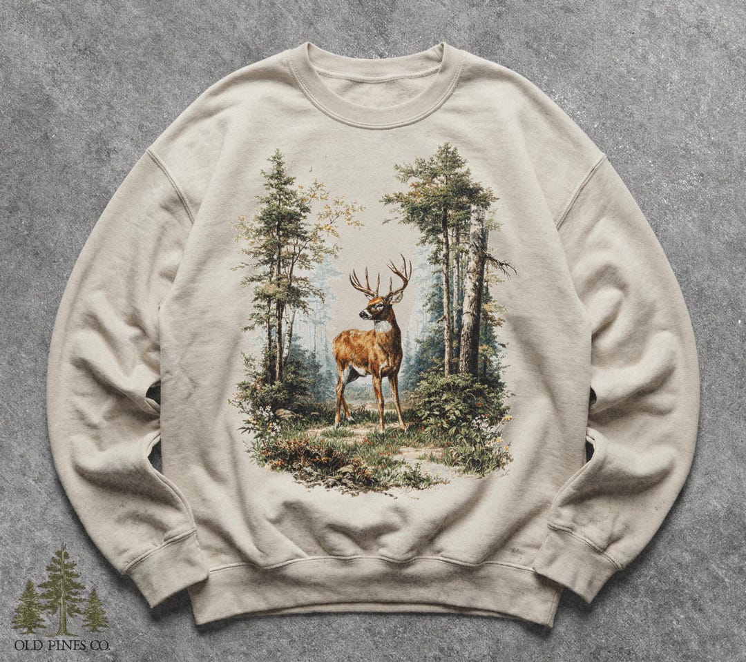 Retro Whitetail Deer Spring Scene Sweatshirt, Rustic Forest Buck ...