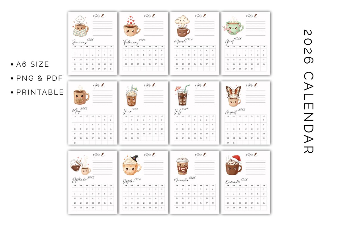2026 A6 Coffee Theme Calendar | Printable Monthly Desk & Wall Calendar ...