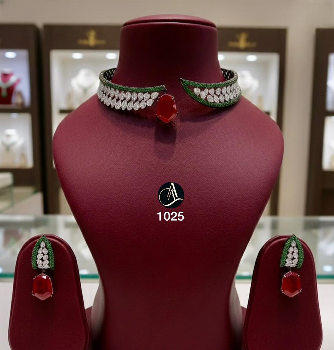 Bold Ruby Red | Emerald Green Statement Choker | Gunmetal Open Collar ...