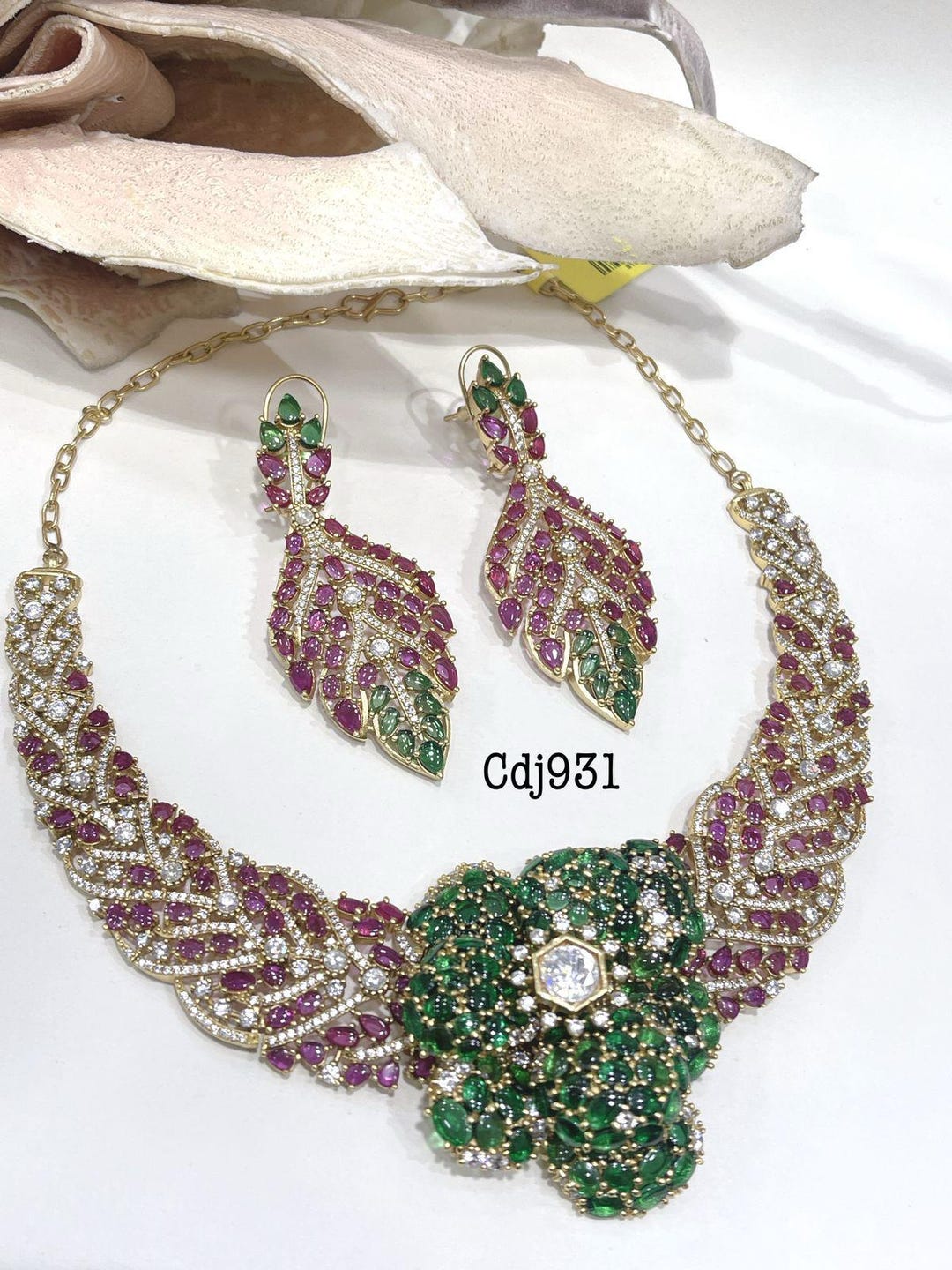 Emerald Green & Magenta Floral Statement Necklace Set | Leaf Design ...
