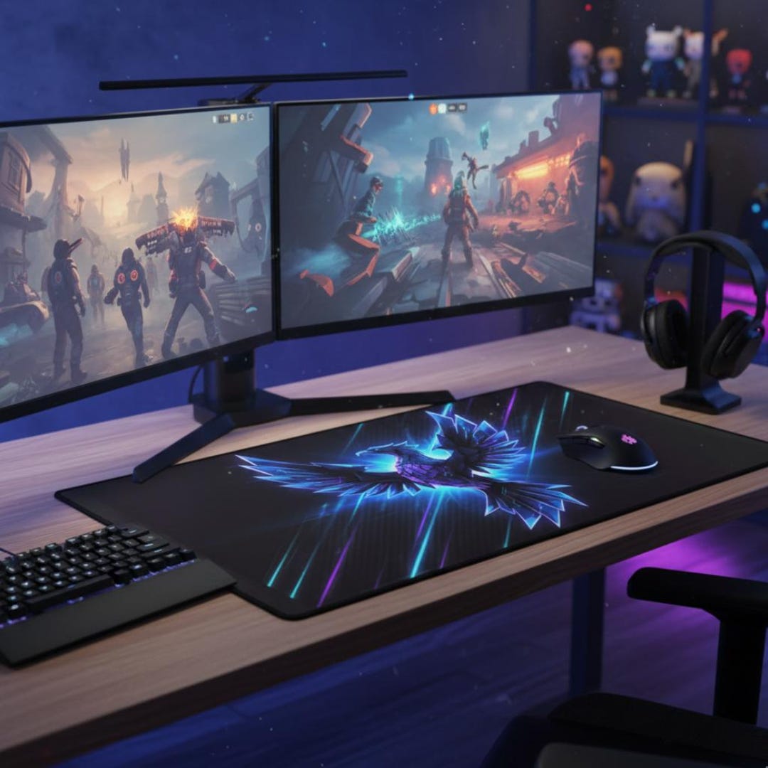 Neon Phoenix Desk Mat | Blue Glowing Bird Mouse Pad - Etsy