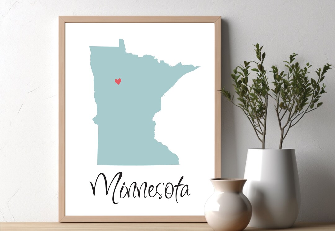 Minnesota or ANY STATE Map. State Art. State Wall Art Print. Heart Over ...
