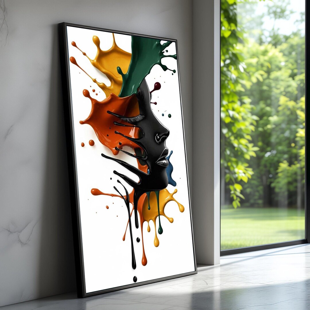 Abstract Woman Face Canvas, Color Splash Wall Art, Modern Drip Paint ...