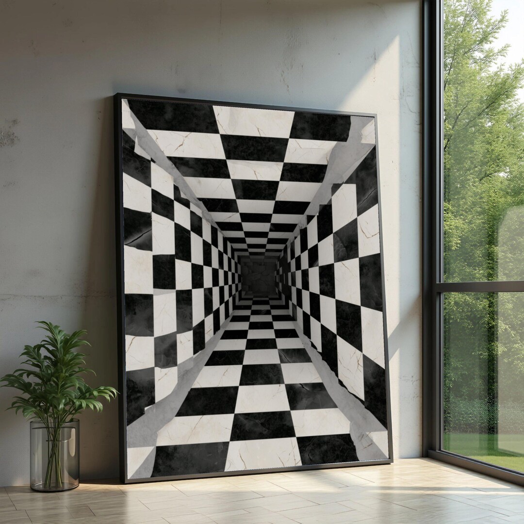 Abstract Checkerboard Tunnel Canvas, Black and White Optical Illusion ...