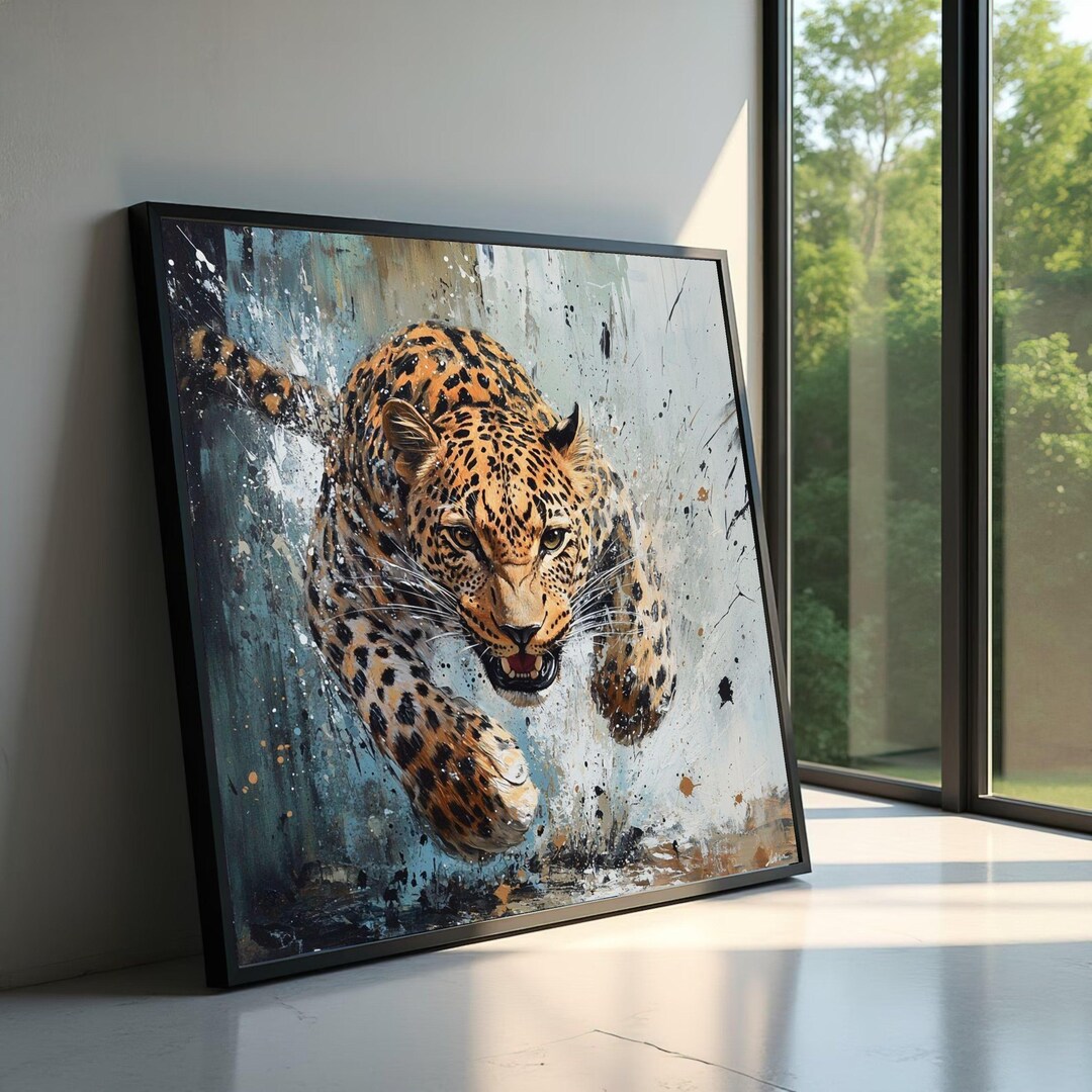 Dynamic Leopard Attack Canvas, Wild Animal Wall Art, Jungle Cat Print ...