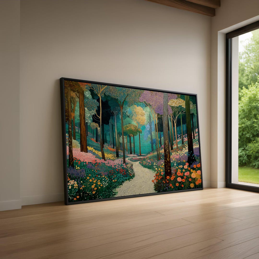 Vibrant Forest Path Canvas, Gustav Klimt Wall Art, Colorful Floral ...