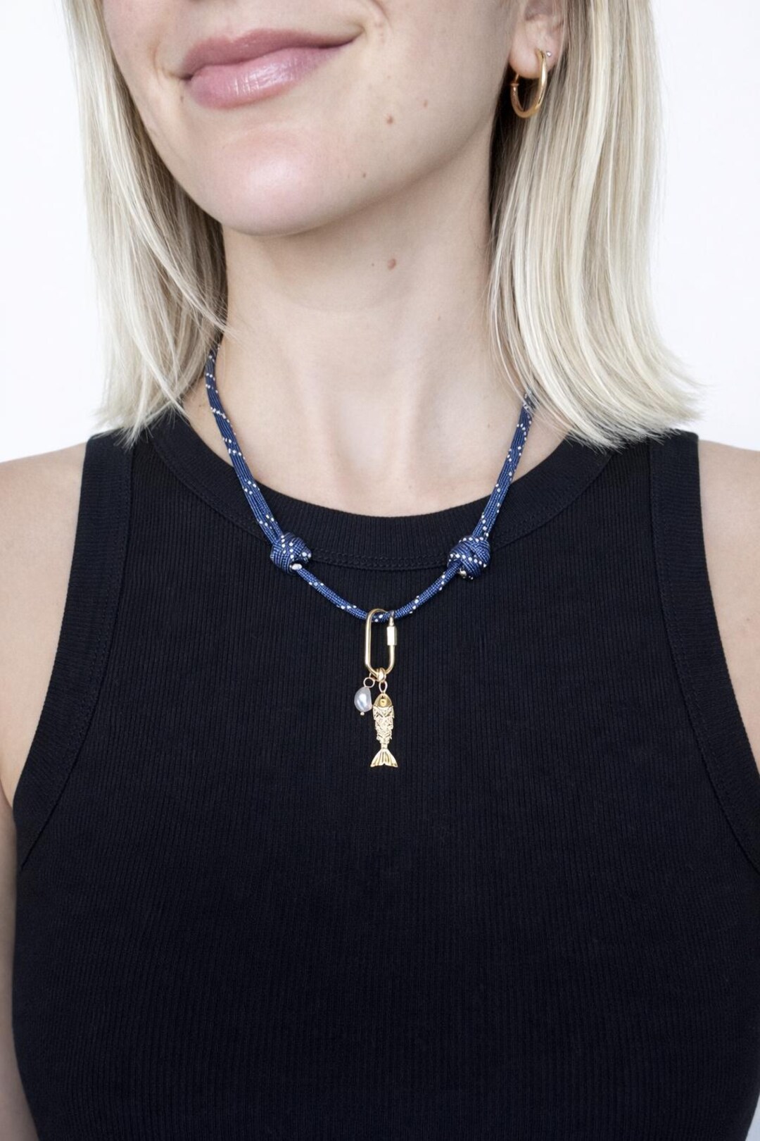 Paracord Necklace: Navy Blue, 24K Gold Fish, Freshwater Pearl ...