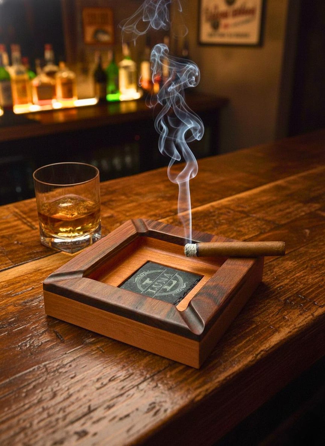 Personalized Walnut Cigar Ashtray With Engraved Slate, Custom Gift for ...