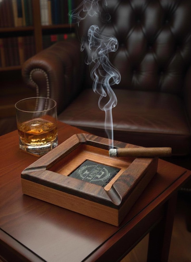 Personalized Walnut Cigar Ashtray With Engraved Slate, Custom Gift for ...