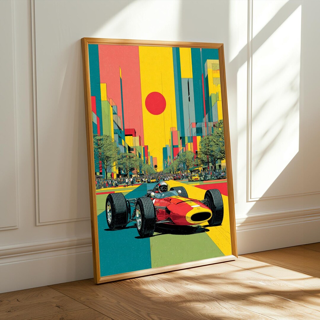 Retro-futurist Cityscape Poster – Red Race Car, Pop Art Print - Etsy