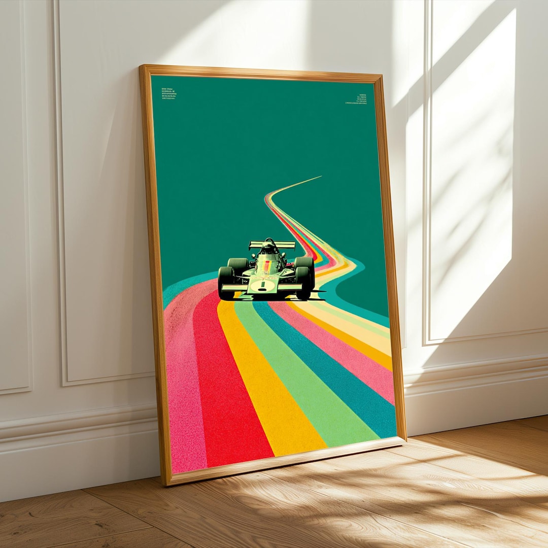 Retro Race Car Wall Art, Teal With Rainbow Track (multiple Sizes) - Etsy
