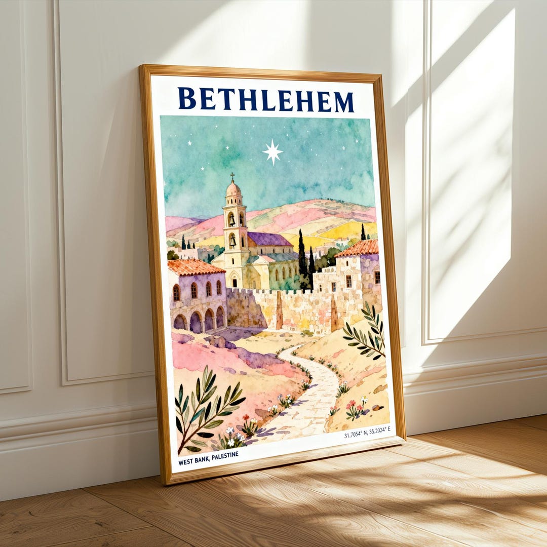 Bethlehem Nativity Art Print – Vintage Gouache Middle Eastern Landscape ...