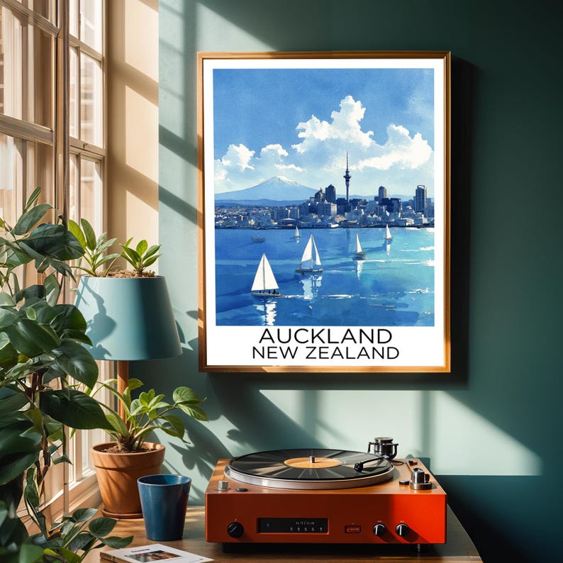 Auckland New Zealand Watercolor Skyline | Travel Wall Art | Modern ...