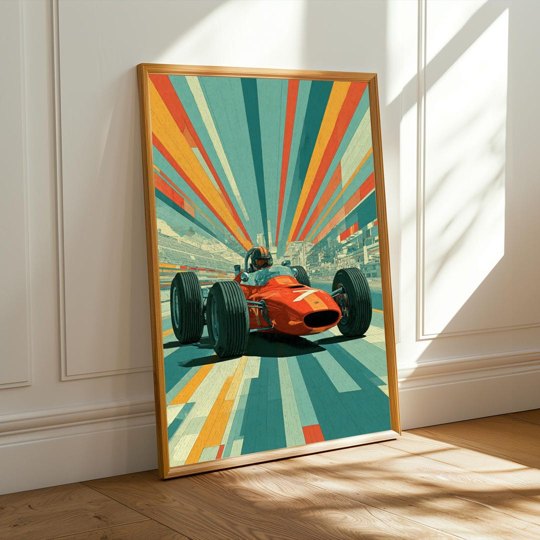 Retro Racing Car Poster – Orange & Teal Color Block Art - Etsy