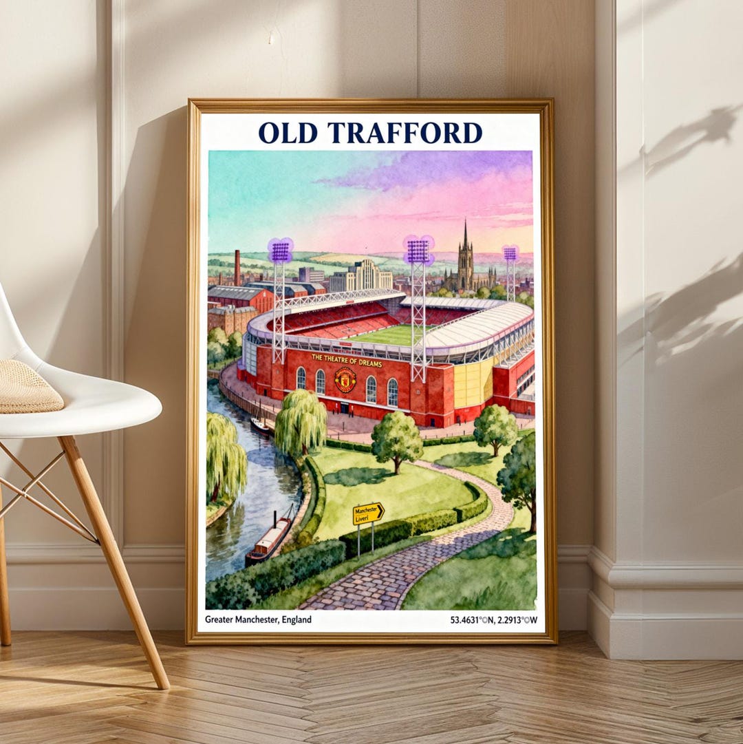 Old Trafford Art Print – Stadium View, Red Brick, Green Landscape ...