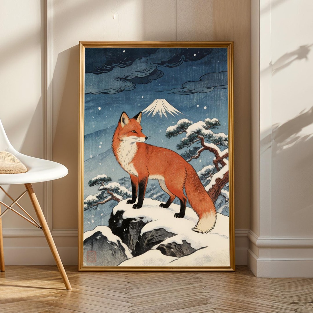 Snowy Woodland Art Print - Woodcut Style, Orange and Red Fur, Cream ...