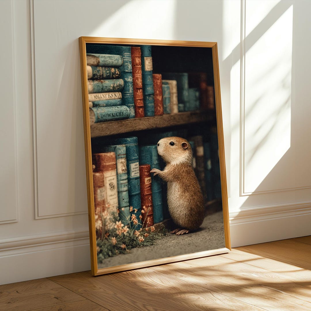 Curious Rodent Wall Art, Teal Blue Animal in Library (multiple Sizes ...
